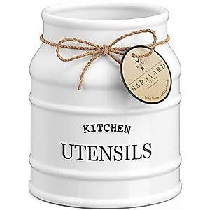 Barnyard Designs Ceramic Farmhouse Kitchen Utensil Holder for Countertop, Decorative Kitchen Utensil Holder, Large Kitchen Utensil Holder for Kitchen Counter, Utensil Crock Spatula Holder, 6.75" White