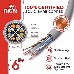AiCat Cat6 Ethernet Cable 500ft - 23 AWG, CMR, ETL, Insulated Solid Bare Copper Wire Cat 6 Cable with Noise Reducing Cross Separator - 550MHZ / 10 Gigabit Speed Unshielded UTP LAN Cable (Blue)