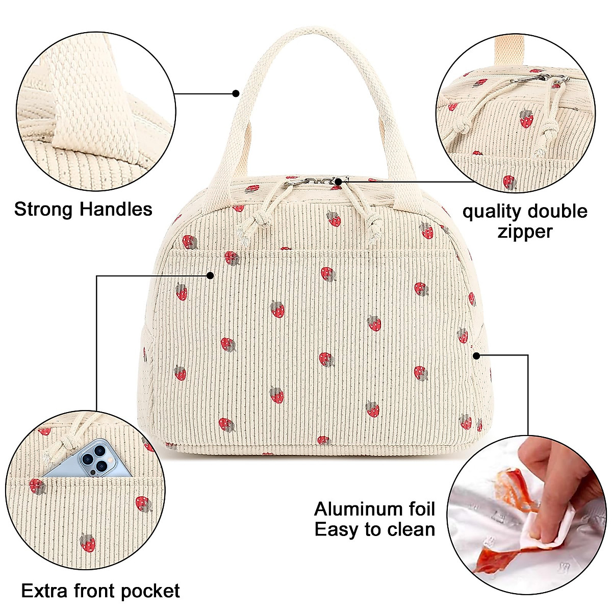Bluboon Lunch Bag for Women Men Cute Corduroy Lunch Tote Bags Reusable Insulated Lunch Box Large Capacity Reusable Insulated Cooler for Work Picnic or Travel (Corduroy strawberry)