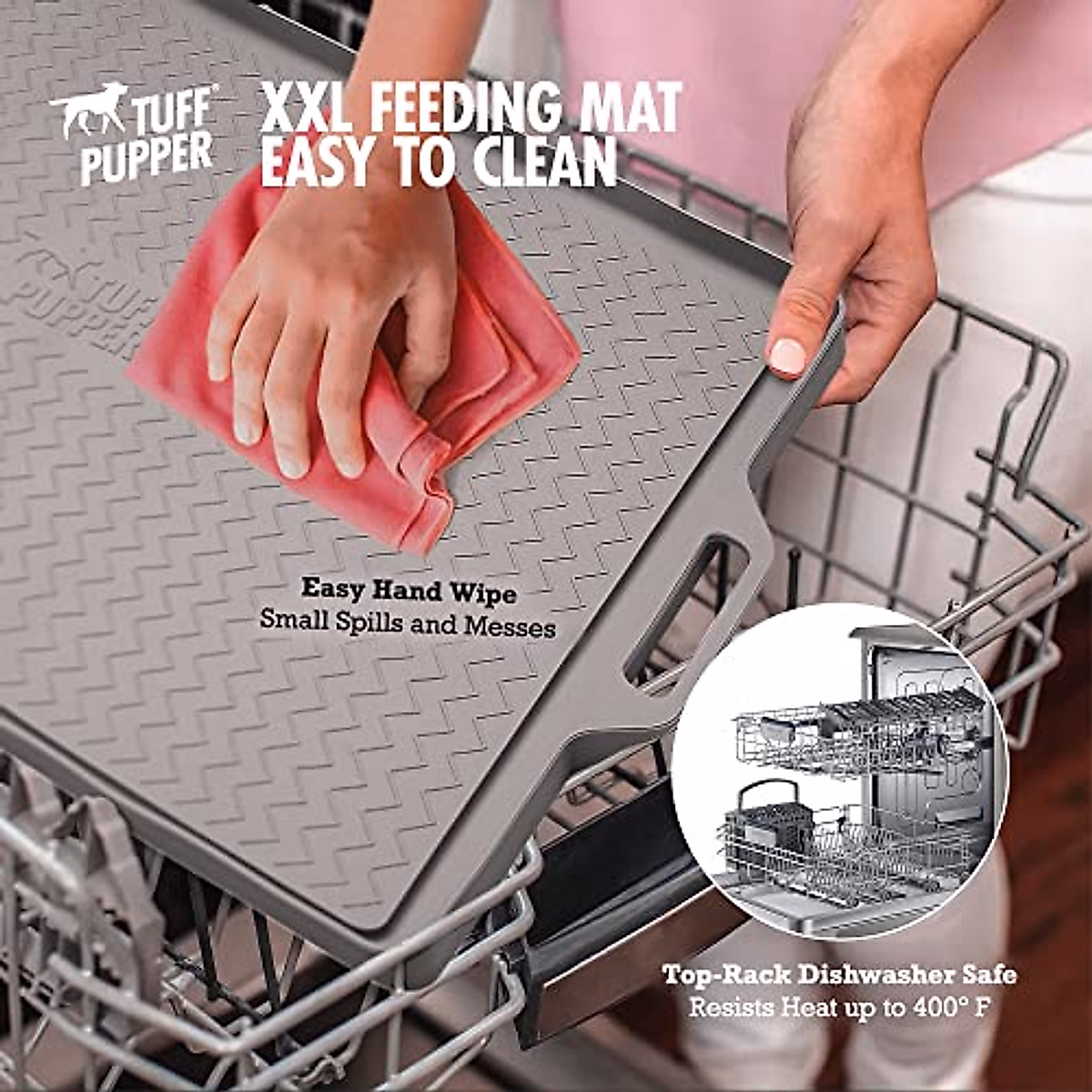 Tuff Pupper 36x24 XXL Waterproof Pet Feeding Mat | Raised Edges Prevent Spills | Easy Clean Dishwasher Safe | Holds Food & Water Mess from Floor | Non Slip Silicone Base | Dogs and Cats Silicone Tray