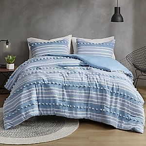 Urban Habitat Queen Duvet Cover Set Clipped Jacquard, Tufts Pompom Accent, Boho Duvet Covers, All Season Lightweight & Fluffy Bedding Cover, Matching Shams, Rowan, Full/Queen Blue 3 Piece