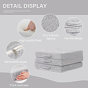 Tiita Tri Foldable Floor Mattress for Adults, 4 inch Single Folding Mattress with Washable and Removable Cover for Camping, Living Room, Guest Room, Plush Grey