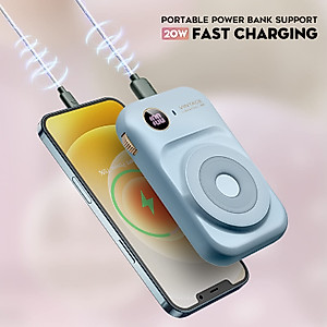 Magnetic Wireless Power Bank Fast Charging 10000Mah Magnetic Portable Charger Built in Cables, PD 20W Battery Pack with USB-C Cable Compatible with iPhone 14/13/12/Pro/Mini/Pro Max, iPad, AirPods-Blue