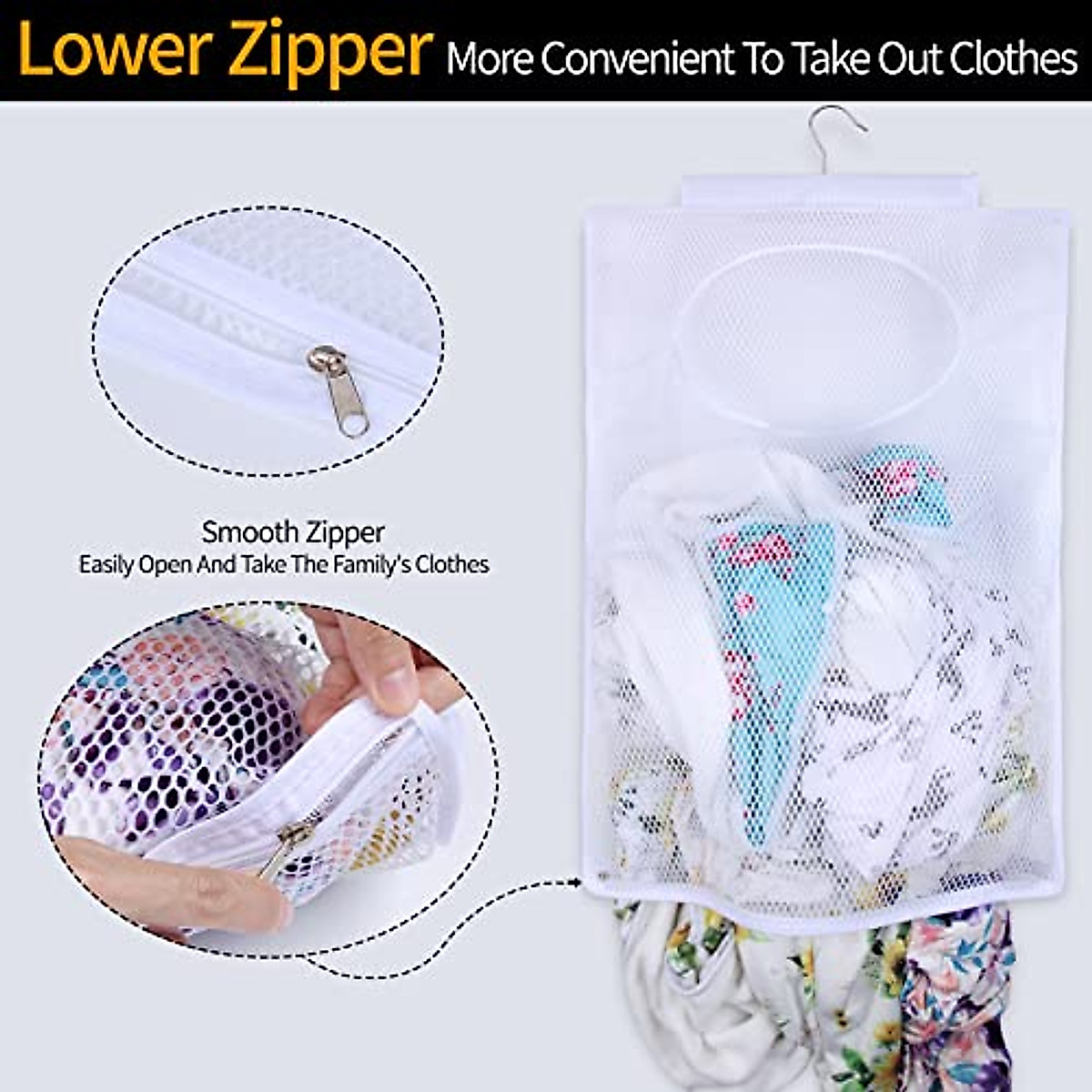 GUMQDD Breathable Mesh Laundry Hamper, Bringing Hooks Foldable Hanging Shower Caddy, Fast Drying Portable Space Saving Storage Bag, Applied to College Dorm Rooms, Gym, Swimming and RV Travel (White)