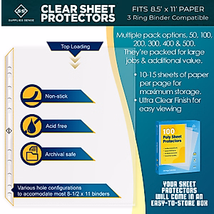 Sheet Protectors for 3 Ring Binder - 100 Premium Clear Plastic Page Protectors for 3 Ring Binder - Sleeves 8.5 x 11 for Paper & Documents