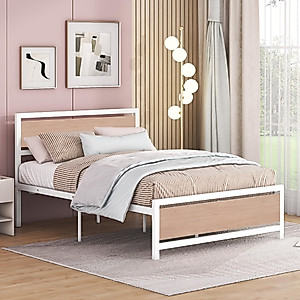 Full Size Platform Bed Frame with Solid Wooden Headboard & Footboard, Metal Slats Support, Ample Under Bed Storage for Bedroom Apartment Boy Girl, No Box Spring Needed/Easy Assembly/No Noise, White