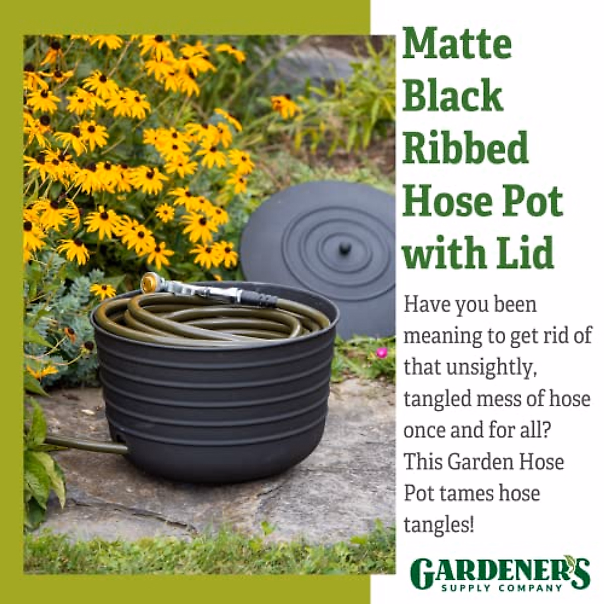 Gardener's Supply Company Garden Hose Pot with Lid | Matte Black Low Carbon Steel Watering Hose Storage with Hose Access Port | for Outdoor Garden, Backyard, & Patio | Holds 100ft Hose