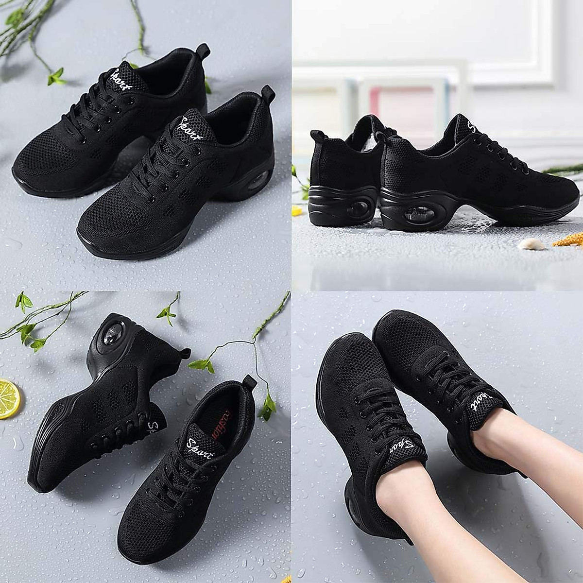 Womens Jazz Shoes Lace-up Sneakers Breathable Mesh Modern Dance Shoes Breathable Air Cushion Split-Sole Outdoor Dancing Shoes Platform Sneakers for Jazz Zumba Ballet Folk Black 40