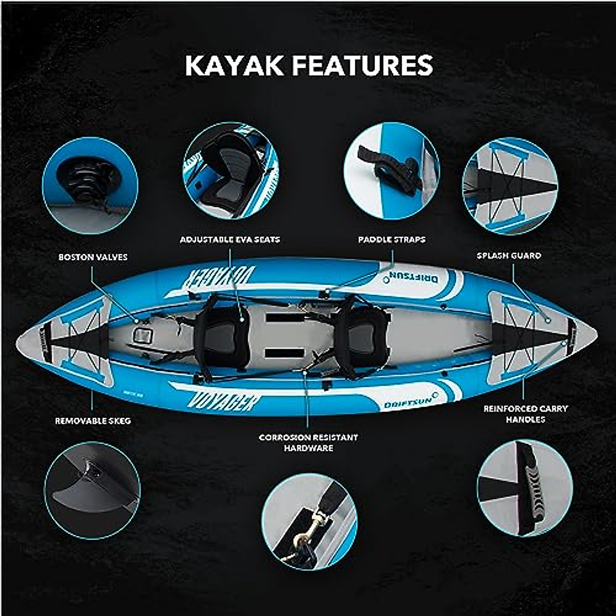 Driftsun Voyager Inflatable Kayak 2 Person Tandem, Foldable Kayaks for Adults Includes 2 Aluminum Paddles, 2 Padded Seats, Double Action Pump and Travel Backpack