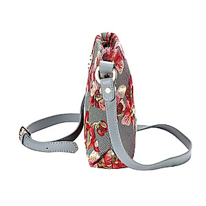 Signare Tapestry Crossbody Bag Shoulder Purse for Women In Orchid Grey and Red Design (XB02-ORC)