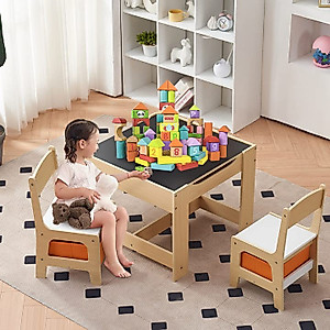 Karl home Kids Table and Chair Set, Multifunctional Children Writing Desk with Interior Storage, Chair with Non-Woven Drawer for Study Room Play Room Dining Room Living Room Natural Wood