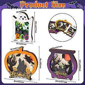 CNhoqc 3pcs Halloween Lighted Wooden Shadow Boxes, Lighted Up Pumpkin Cauldron Ghost Lamp Shadow Boxes for Halloween Table Decor Ghost Night Light Halloween Party Supplies for Kitchen Bedroom