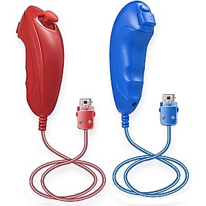 KIWITATA 2 Pack Wii Nunchuck Controllers, Wii Nunchuk Replacement Remote Joystick Gamepad for Wii Wii U Video Console(Red+Blue)