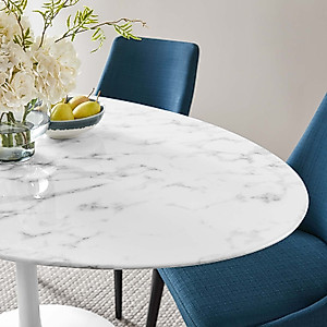Modway Lippa 60" Oval-Shaped Mid-Century Modern Dining Table with Artificial Marble Top and White Base