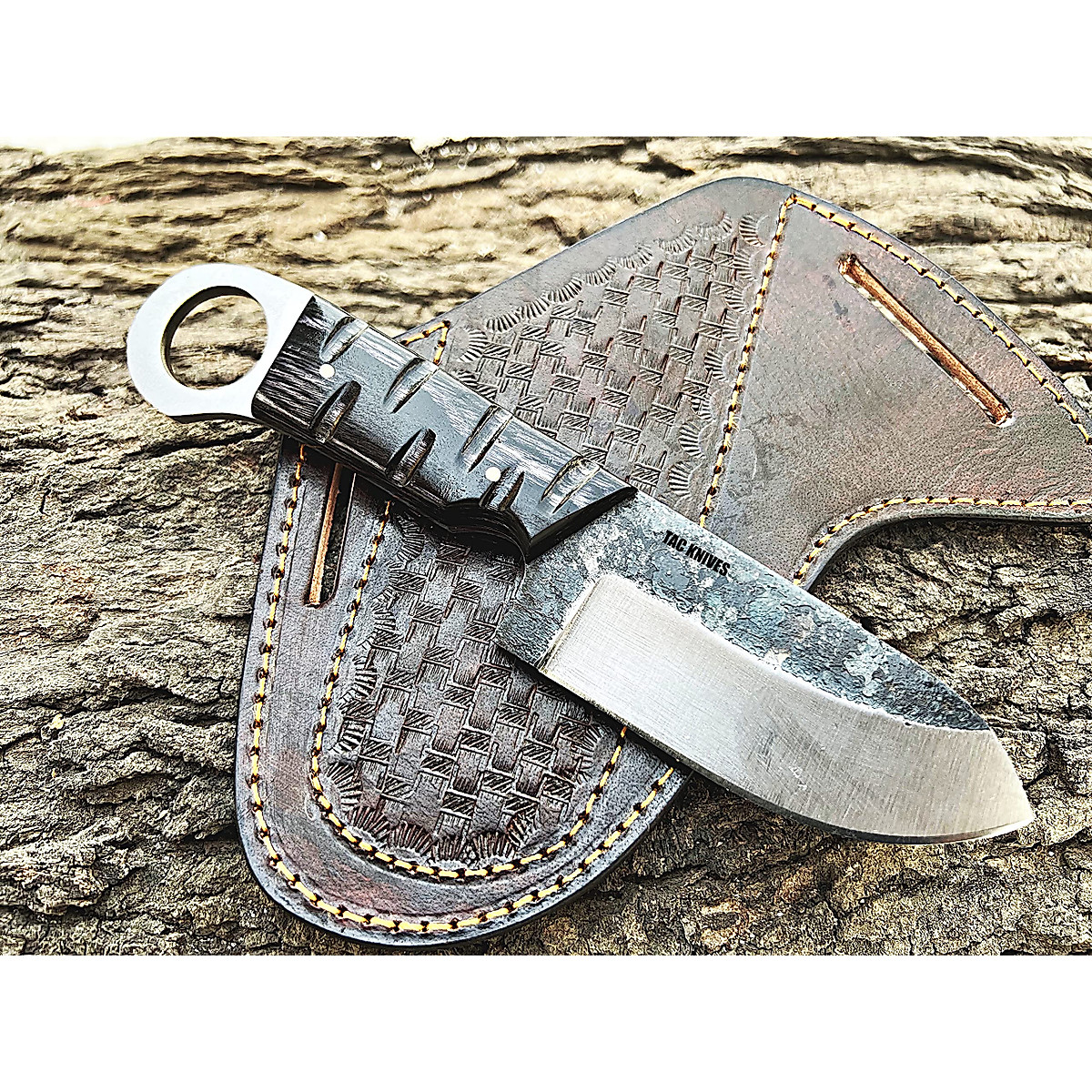 TAC KNIVES 7'' Full Tang Fixed Blade Outdoor Camping Hunting Knife In Sheath Gift For Him | 1095 High Carbon Steel Knife | Bushcraft Survival Knife Gift | Cowboy knives | Pancake leather sheath (BLACK)