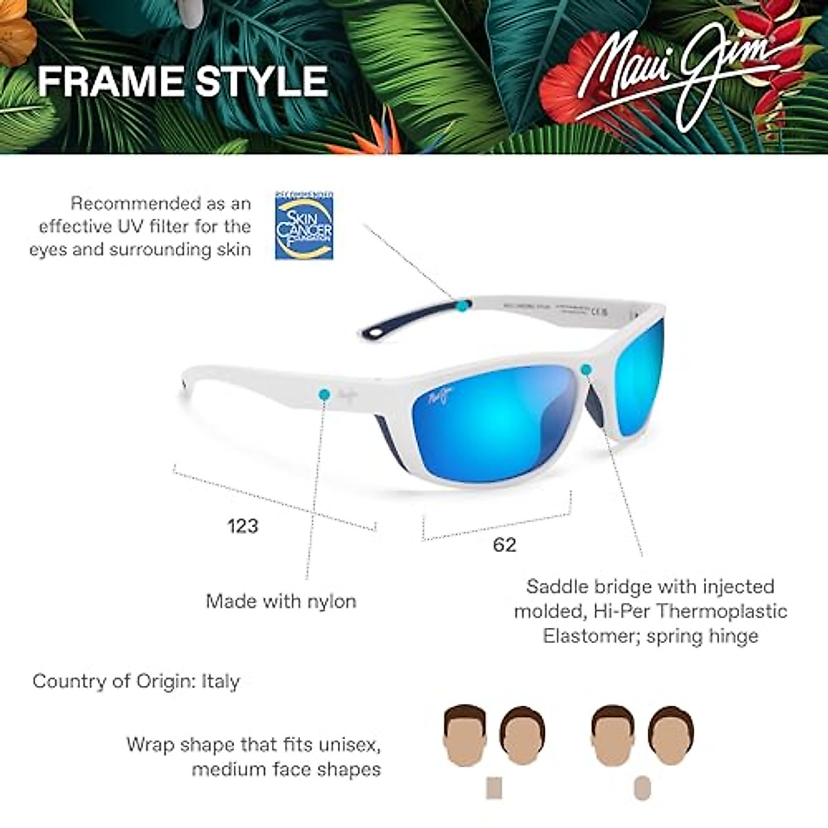 Maui Jim Men's and Women's Nuu Landing Polarized Wrap Sunglasses, White w/Navy Rubber/Blue Hawaii, Medium