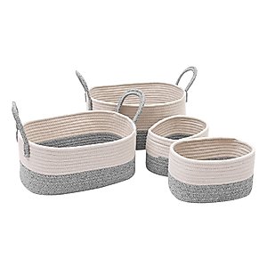 E-HOUPRO Storage Baskets Set of 4,Cotton Rope Woven Organizer Bins Foldable Decorative Basket with Handles for Baby Nursery Laundry Kid's Toy,Grey