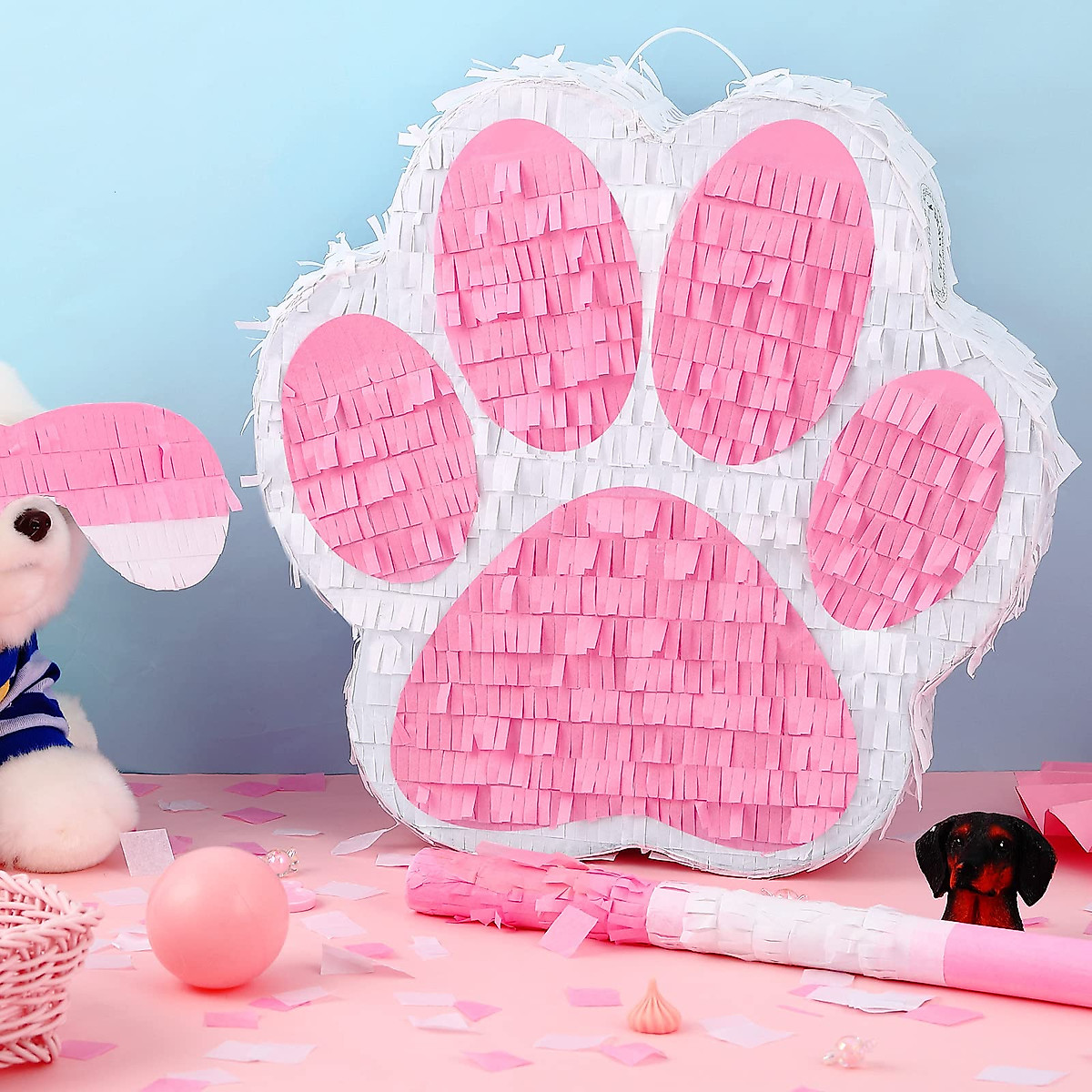 Small Dog Paw Piñata Puppy Birthday Party Supplies Animal Themed Birthday Piñata with Blindfold Bat Confetti for Pet Cow Themed Party Baby Shower Decorations Favors(Pink)