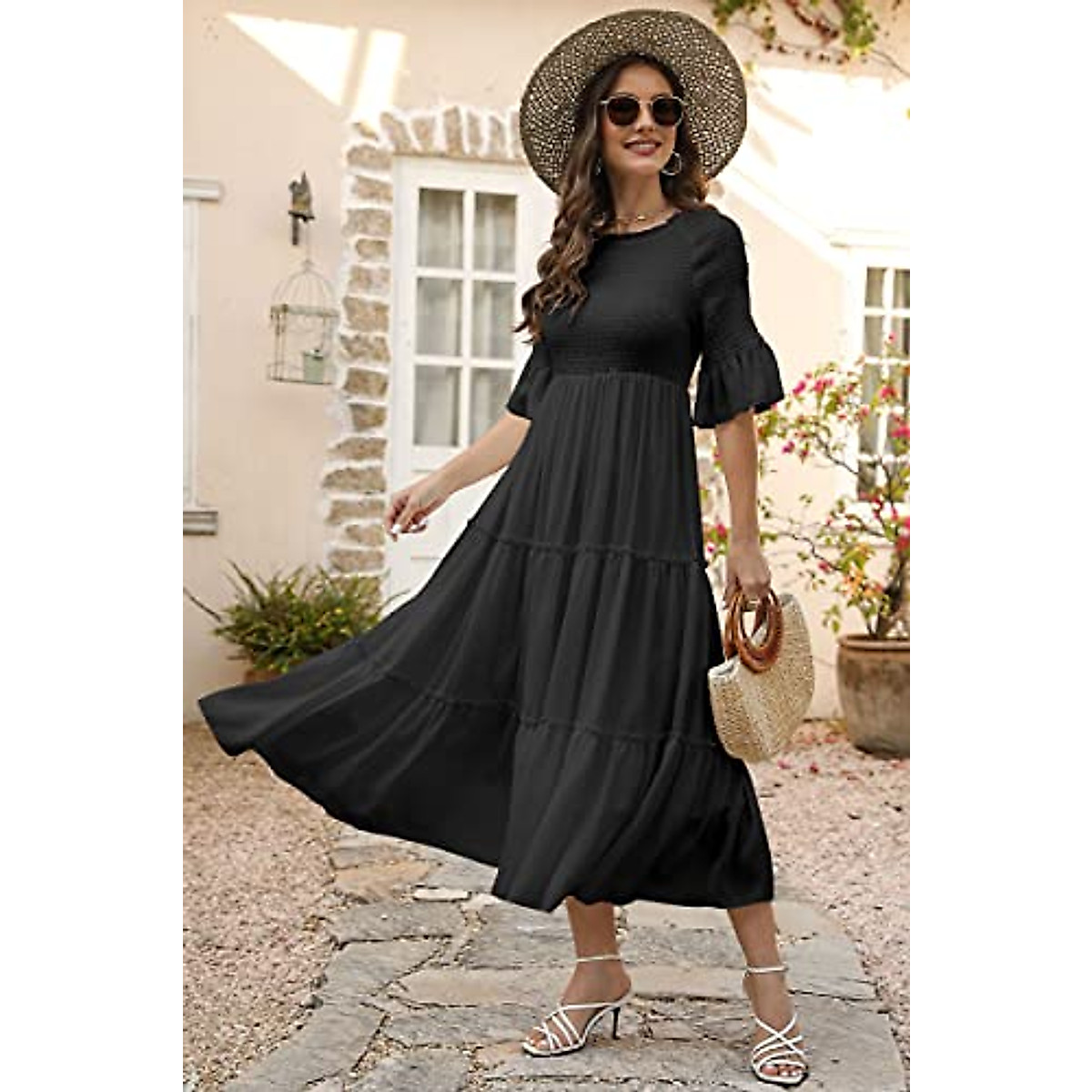 LILLUSORY Women's Black Funeral Dress 2023 Summer Trendy Casual Smocked Long Ruffle Tiered Flowy Midi Maxi Boho Dresses with Sleeves Black