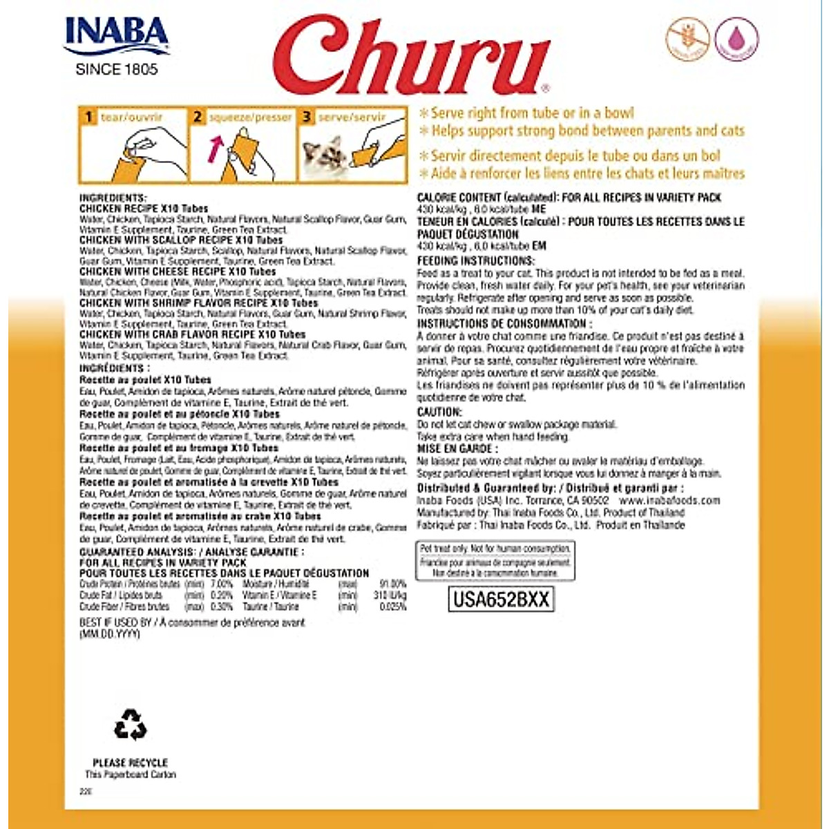 Churu INABA Cat Treats, Grain-Free, Lickable, Squeezable Creamy Purée Cat Treat/Topper with Vitamin E, Taurine, & Green Tea, 50 Servings, Chicken Variety Box