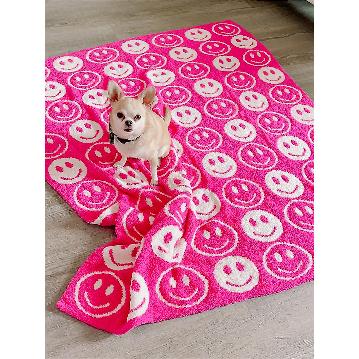 Happy Face Knitted Throw Blankets Reversible Soft Knit Blanket with Two-Toned Cute Pattern Bed Throws Fuzzy Kids Blanket Warm Cozy for Home Couch Sofa (Rosy)