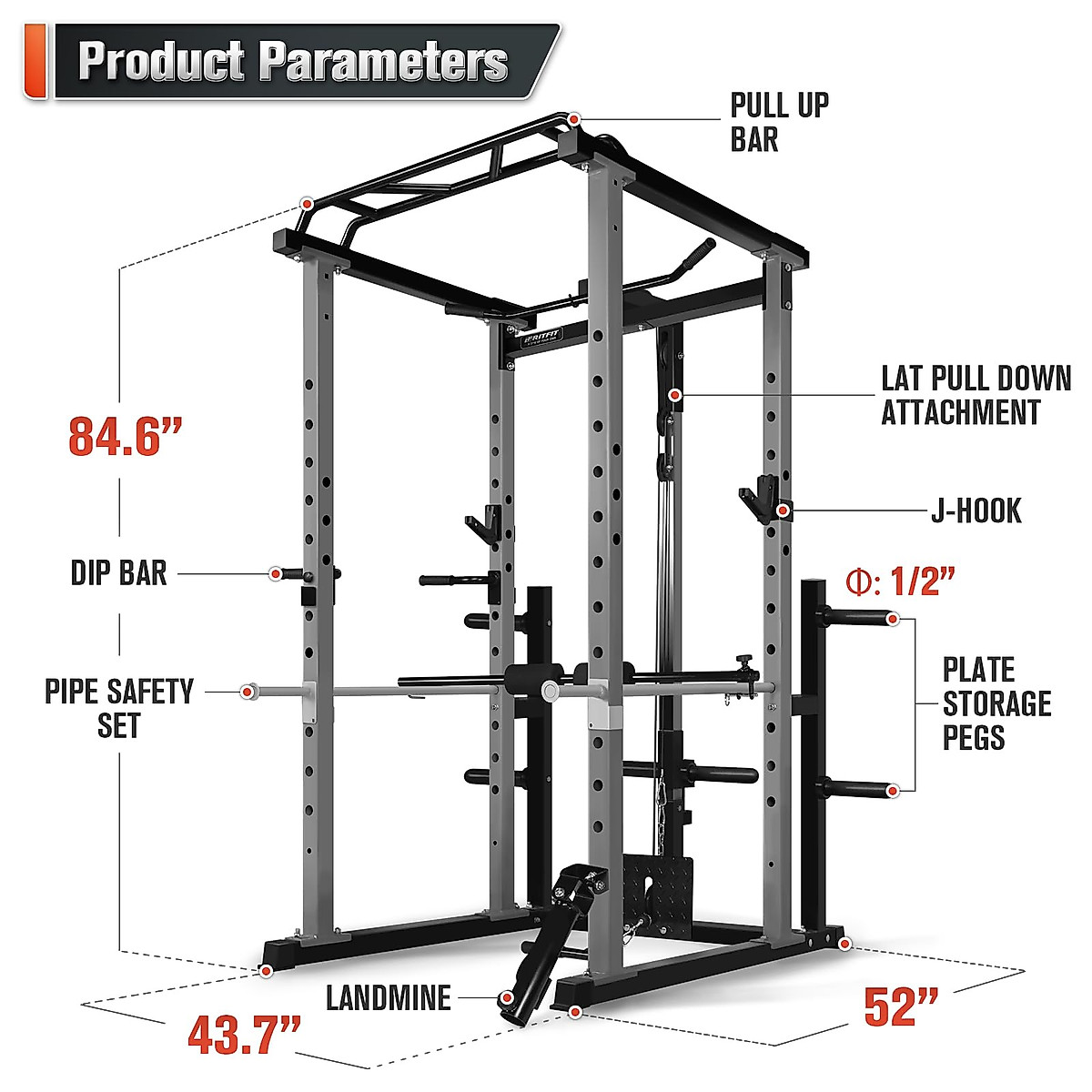 RitFit Power Cage with LAT Pull Down and 360° Landmine, 1000LB Capacity Power Rack Full Home Gym for Weightlifting, Come with J-Cups,Dip Bars and Other Attachments (2023 Version PPC02)-Grey