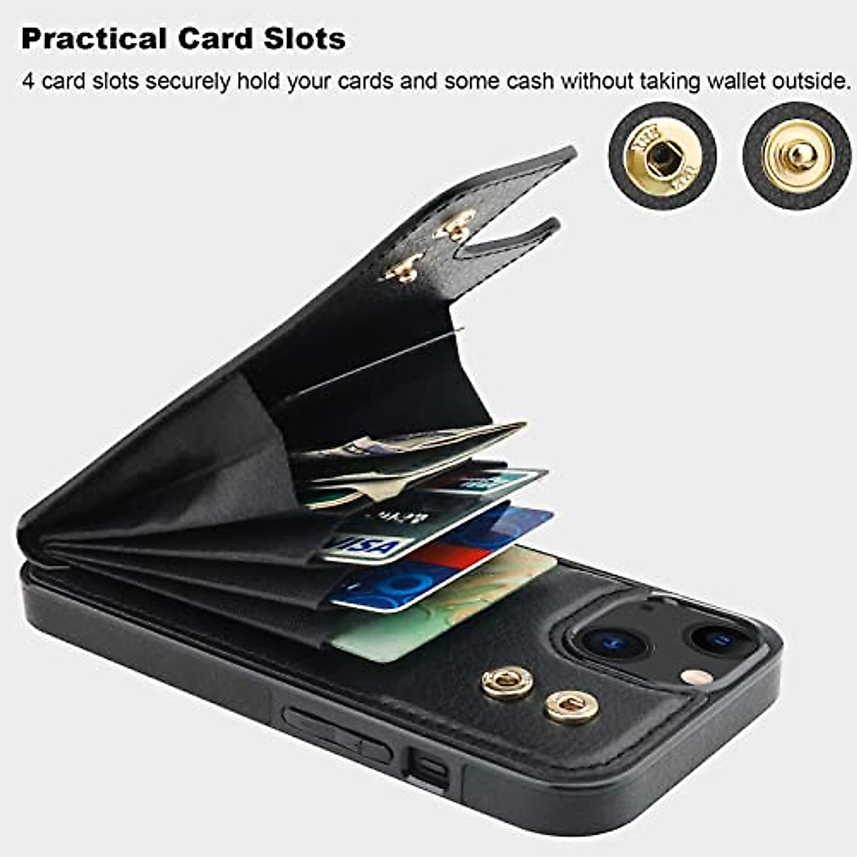 Folosu Compatible with iPhone 14 Case Wallet with Card Holder, 360°Rotation Finger Ring Holder Kickstand, RFID Blocking Leather Protective Double Buttons Shockproof Cover 6.1 Inch Black