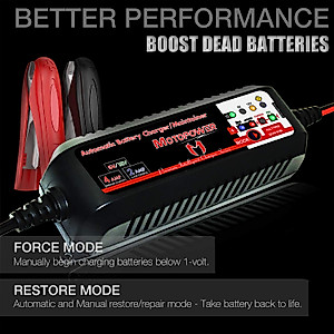 MOTOPOWER MP00207 6V and 12V 4AMP Automatic Smart Battery Charger, Battery Maintainer, Battery Desulfator with Force Charging Recondition Mode