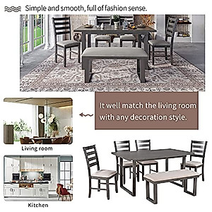 XD Designs 6 Piece Kitchen Dining Table Set with Rectangular Table and Comfortable Cushioned Seat, Farmhouse Rustic Wood Dining Room Set for 4-6 Persons, Dining Set for Family, Gray