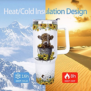 ZNYYZYBA 40 oz Tumbler with Handle and Straw, Highland Cow Tumbler with Leak Proof Lid, Reusable Stainless Steel Insulated Travel Coffee Mug, Highland Cow Gifts for Cow Lovers, white brown