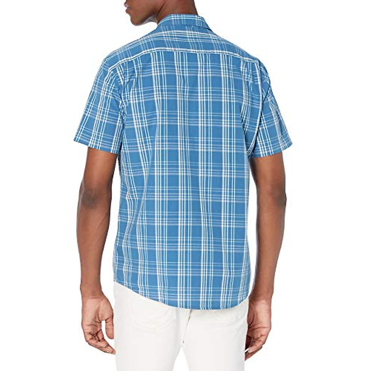 Amazon Essentials Men's Regular-Fit Short-Sleeve Poplin Shirt, Aqua Blue Checked, Large