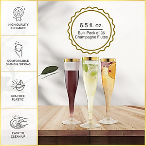 CHATEAU FINE TABLEWARE 36 Plastic Champagne Flutes, 6.5 Oz Plastic Glasses Gold Rim & Glitter Gold Mimosa Glasses, Brunch Decor, Plastic Flutes Champagne Disposable