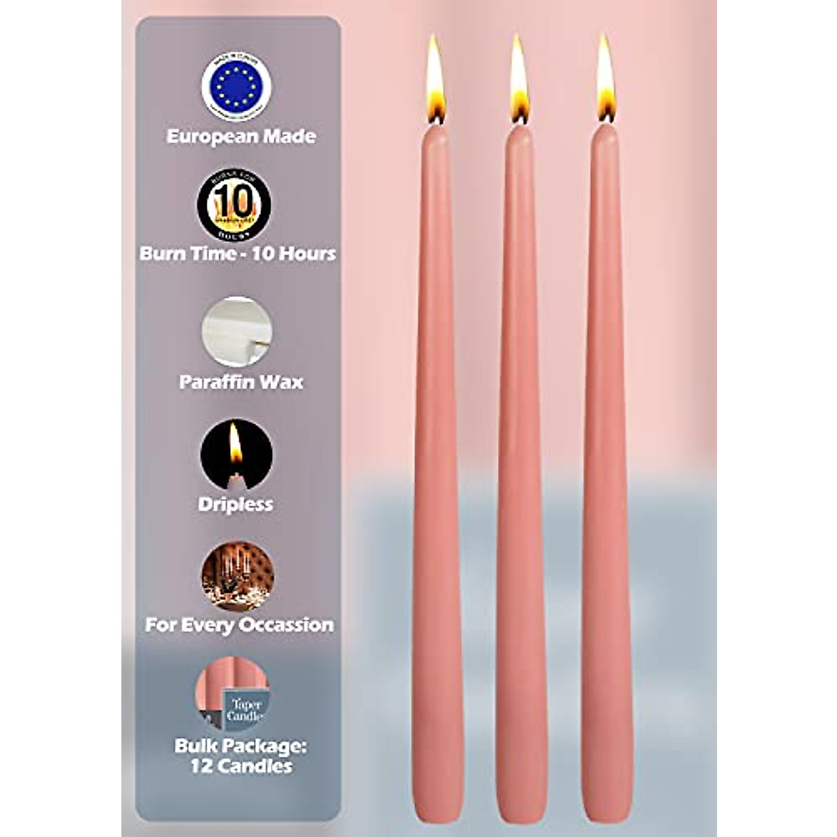 12 Pack Tall Taper Candles - 12 Inch Rose Pink Dripless, Unscented Dinner Candle - Paraffin Wax with Cotton Wicks - 10 Hour Burn Time