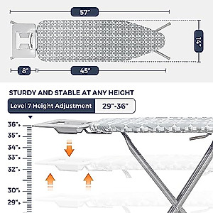 STO STO Ironing Board 45" x 14" with Iron Holder, Adjustable Height 29" to 36", Full Size Foldable Iron Board with Silver Coated Cotton Removable Cover, Sturdy Steel Frame and Legs, Grayish Blue Plaid