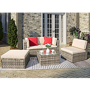 Tuoze 5 Pieces Patio Furniture Sectional Outdoor All Weather PE Rattan Wicker Lawn Conversation Cushioned Sofa Set with Glass Coffee Table (Grey)