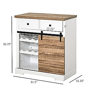 HOMCOM Farmhouse Coffee Bar Cabinet, Barn Door Wine Cabinet with Storage, Sideboard Buffet Cabinet with Wine Racks for Kitchen, White