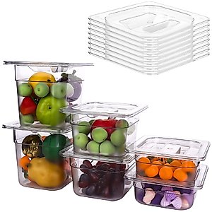 6 Pack 1/6 Size Clear Food Pans with Lids 2.5'' 4'' 6'' Deep Food Storage Containers Plastic Pan Lid with Handle Polycarbonate Universal Restaurant Commercial Hotel Pans for Food Fruits Vegetables