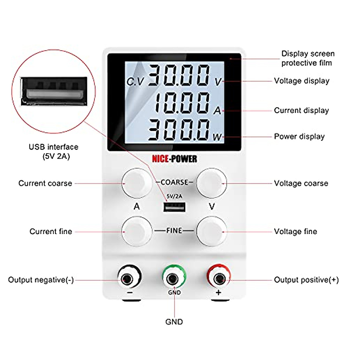 NICE-POWER Adjustable DC Lab Bench Power Supply Variable 4Digital Display Adjustable Regulated Switching Lab Bench Power Supply (30V/10A)