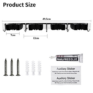 Caoliuyiyi Broom Holder Wall Mount, Stainless Steel garage organization, Non-slip broom mop holder wall mounted, Self Adhesive for Laundry Room (4 Racks and 5 Hooks)