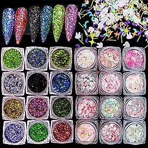 LoveOurHome 24 Colors Nail Glitter Powder Flakes Kit Holographic Fine Acrylic Glitters Iirdescent Star Rabbit Sequins Confetti Sparkles Sticker Pigment Decorations for Nails/Crafts/Makeup/Resin