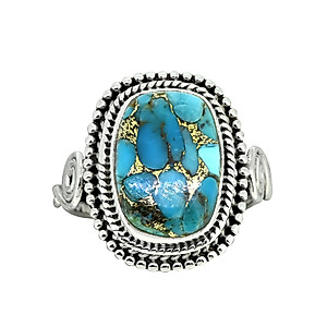 YoTreasure 10x14 MM Blue Copper Turquoise Ring 925 Sterling Silver Jewelry