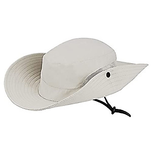 Womens Summer Sun-Hat Outdoor UV Protection Fishing Hat Wide Brim Foldable-Beach-Bucket-Hat with Ponytail-Hole Beige