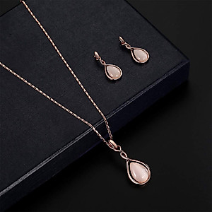 Rose Gold Jewelry Sets for Women Pink Teardrop Pendant Necklace and Earring Set Embellished with Opal Fashion Wedding Jewelry Gift for Brides and Bridesmaid