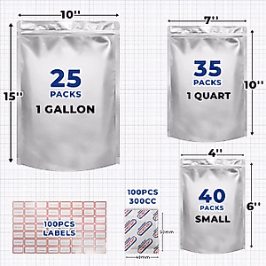 MAGOR 100 pcs Mylar Bags for Food Storage with Oxygen Absorbers +Labels ,1 Gallon 10x15(25pcs),1Quart 7x10(35pcs),small 4x6(40pcs) Stand Up Zipper Resealable Bags heat sealable for long term storage