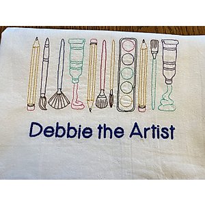 Personalized art utensils embroidered flour sack tea towel, dish towel, your choice of text and color