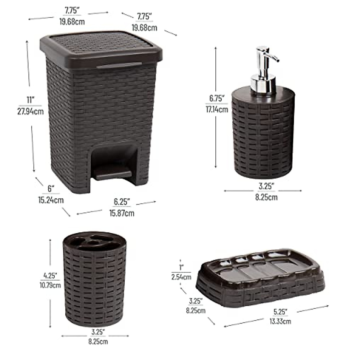 Mind Reader Basket Collection, 4 Piece Bathroom Set Includes: Square Wastepaper Pedal Basket, Toothbrush Holder, Liquid Soap Dispenser and Soap Dish, Wicker Style, Bathroom, 4 Piece Set, Brown
