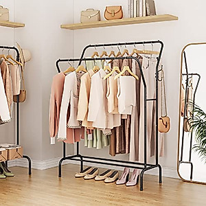 Hoctieon Double Rod Clothes Rack, Freestanding Garment Rack for Hanging Clothes, Metal Standing Clothes Rack, Industrial Clothing Rack, Portable Clothes Rack, Small Garment Rack, Black