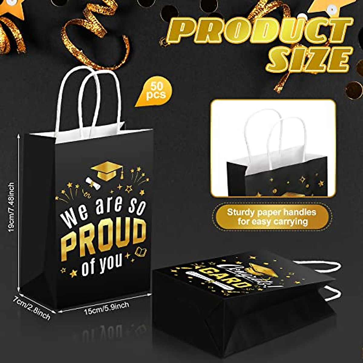 50 Pcs Graduation Gift Bag 2023 Graduation Party Gift Bag with Handles 5.9x2.8x7.5 in Congrats Grad Bag Bulk Graduation Party Favor Gift Wrapping Bag Candy Treat Paper Goody Bag for Graduation Supply