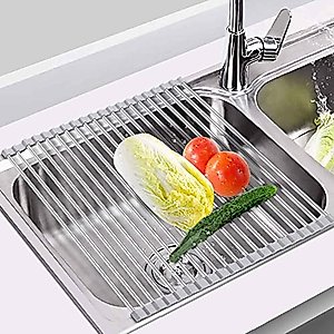 Roll Up Dish Drying Rack, 17" x 15.7 Multipurpose Foldable Sink Drying Rack, Heat-Resistant Anti-Slip Stainless Steel & Silicone Wrapped, for Over the Sink