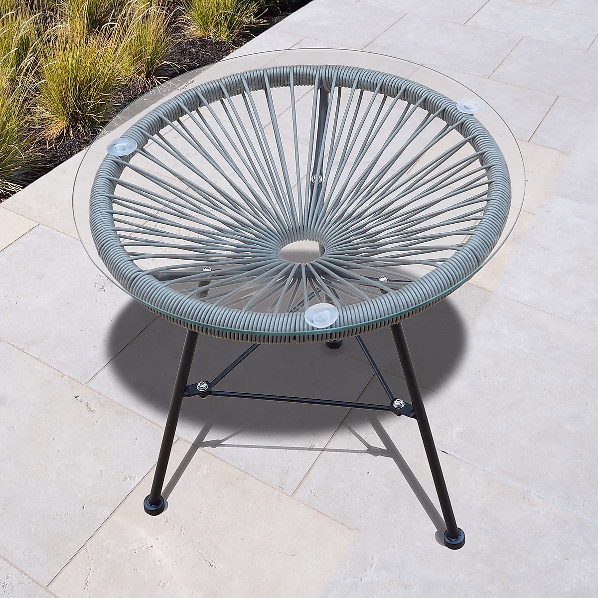 Lepus Rattan Outdoor Side Table, Small Round Wicker Patio Side Table with Glass Top, Weather Resistant Patio End Table for Garden, Balcony, Yard Porch (Dark Grey)